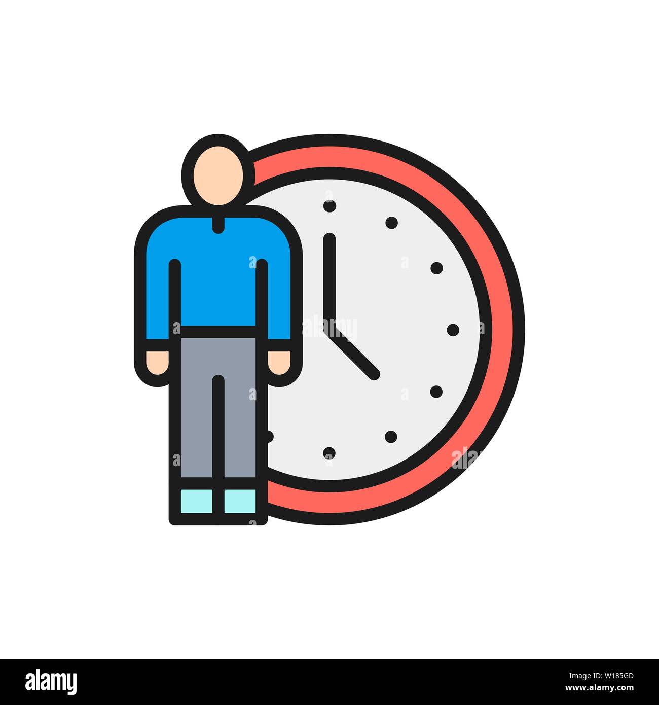 Vector human with clock, time management flat color line icon Stock ...