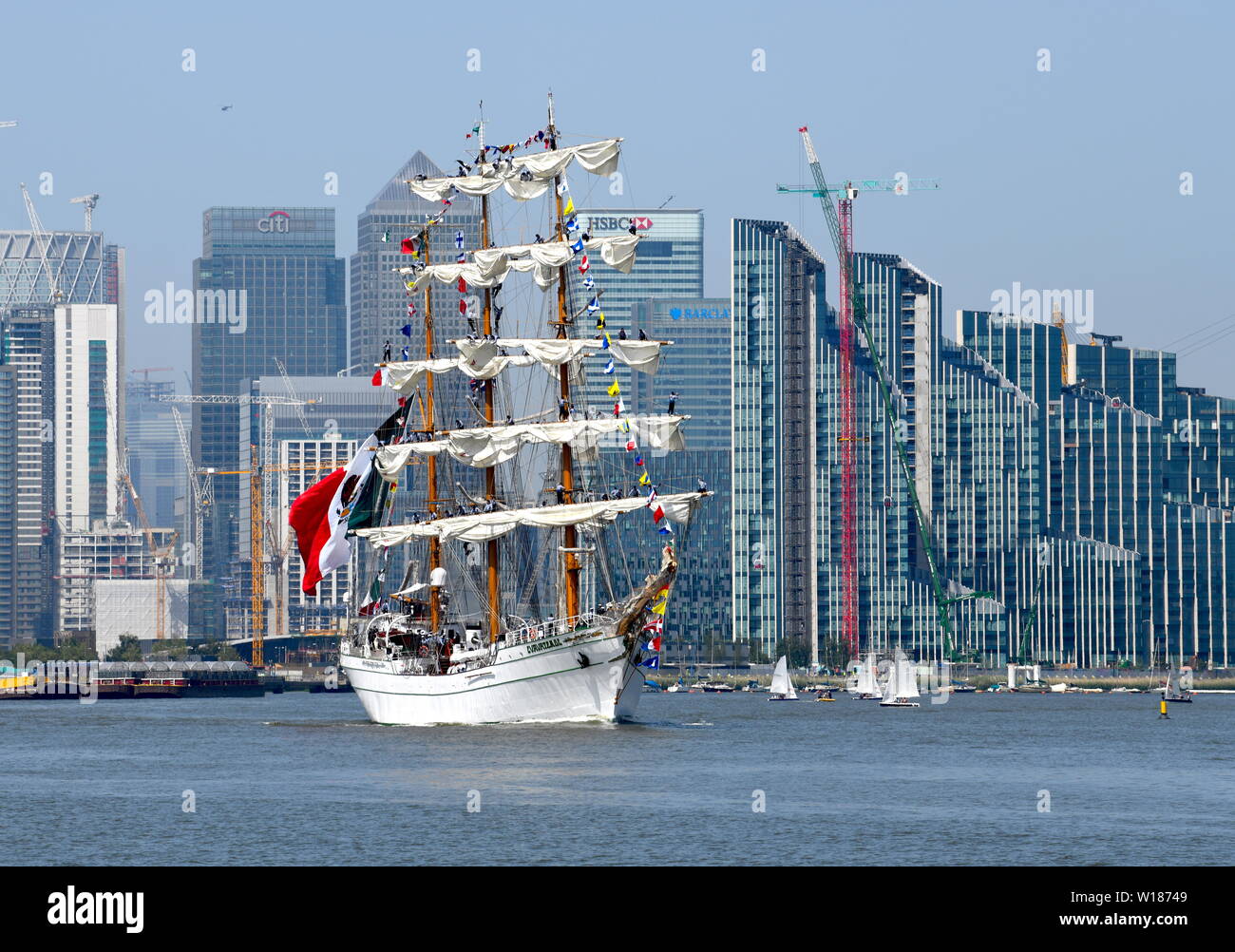 Mexican Navy tall ship Cuauhtémoc, with crew on the yard arms 45m above ...