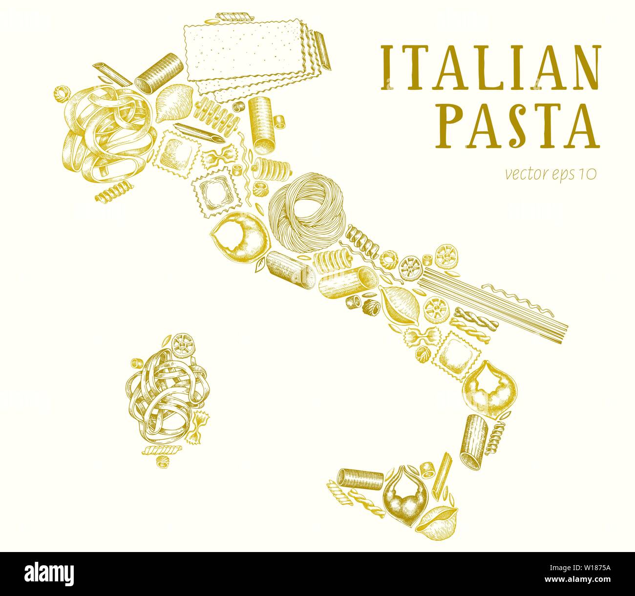 Pasta in the shape of Italy. Hand drawn vector food illustration ...
