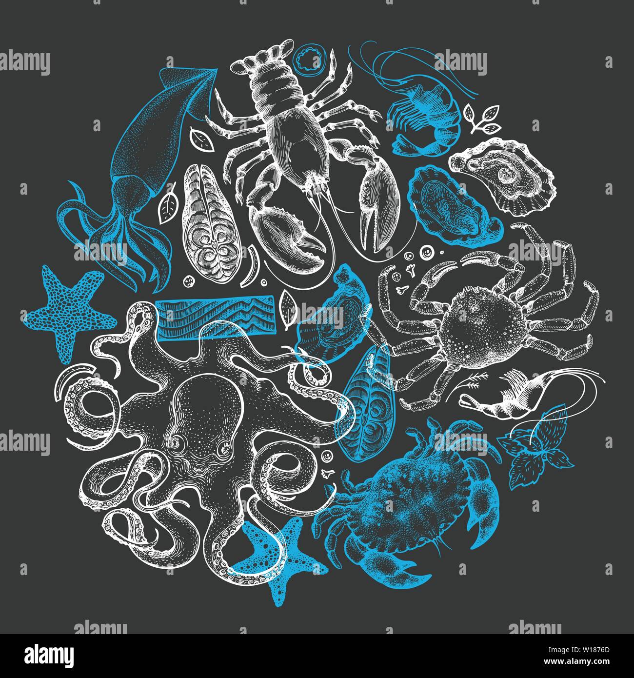 Seafood and fish background. Hand drawn vector illustrations on chalk ...
