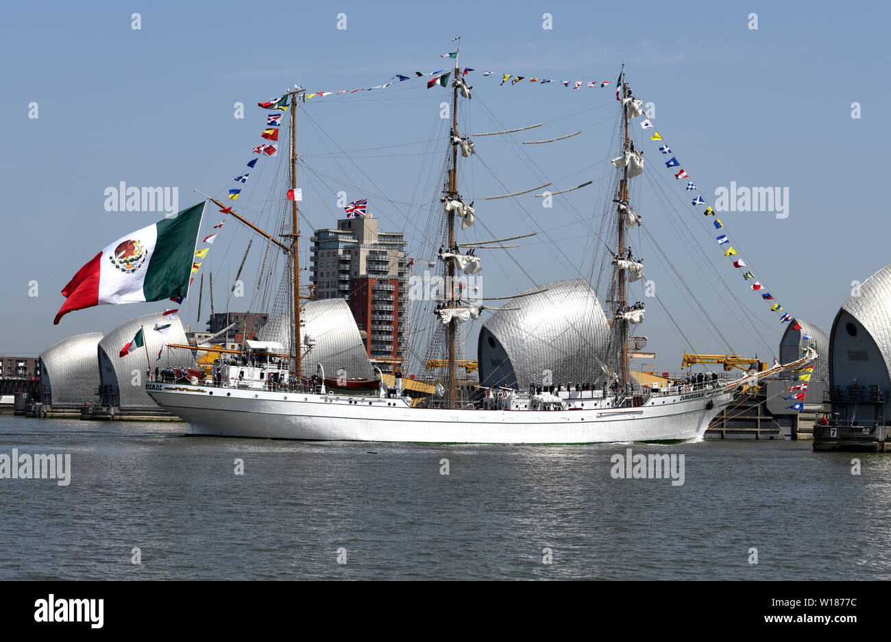 Mexican Navy tall ship Cuauhtémoc, with crew on the yard arms 45m above ...