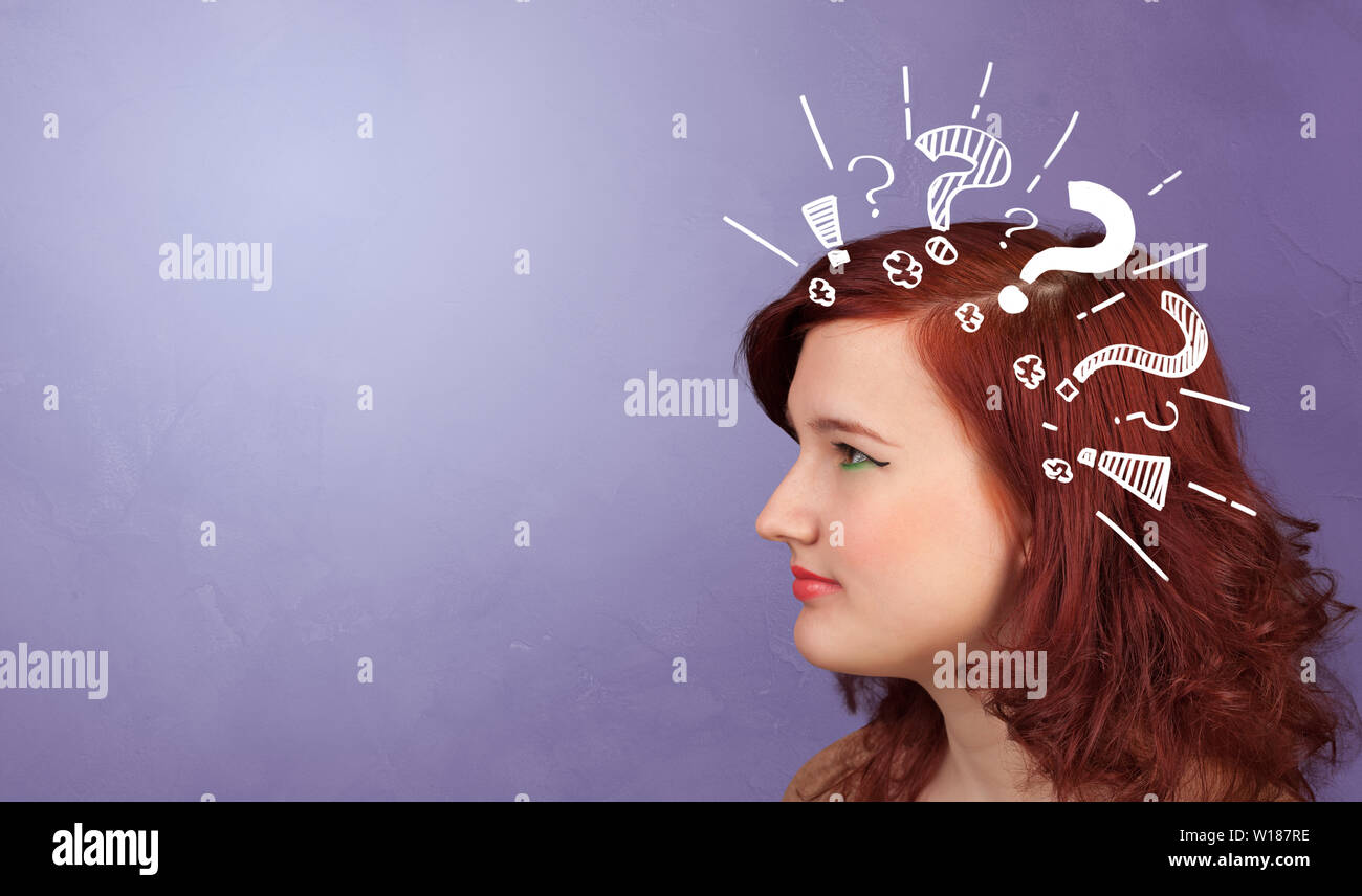 Head with white question marks, and copy space Stock Photo - Alamy