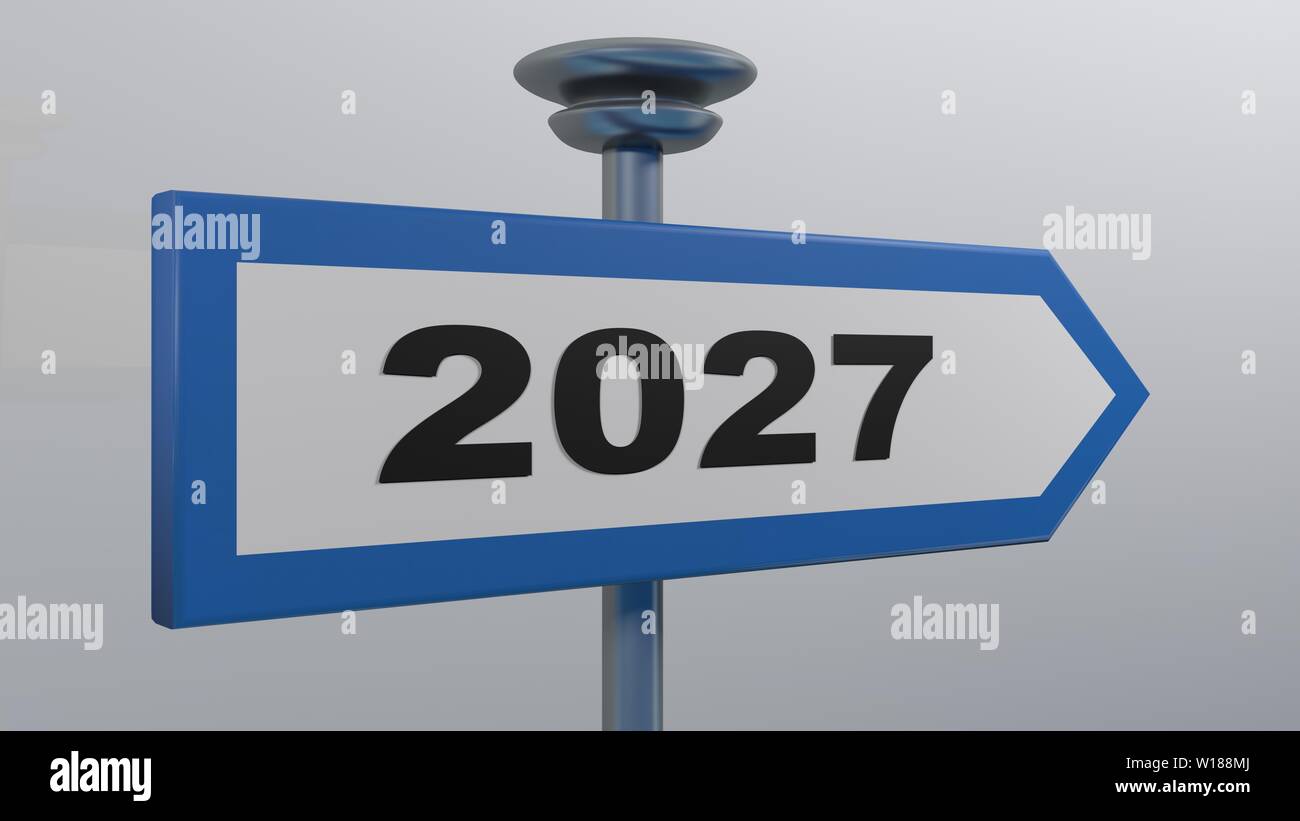 2027 Blue street sign arrow on white background - 3D rendering ...