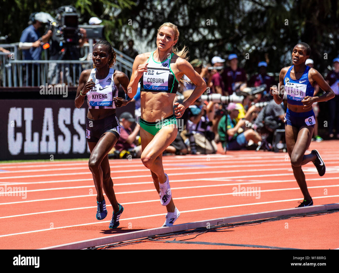 Stanford, CA. 30th June, 2019. Emma Coburn takes 2nd place in the Women ...