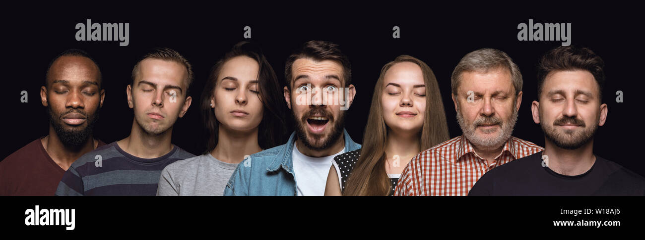 Close up portrait of young people isolated on black studio background ...
