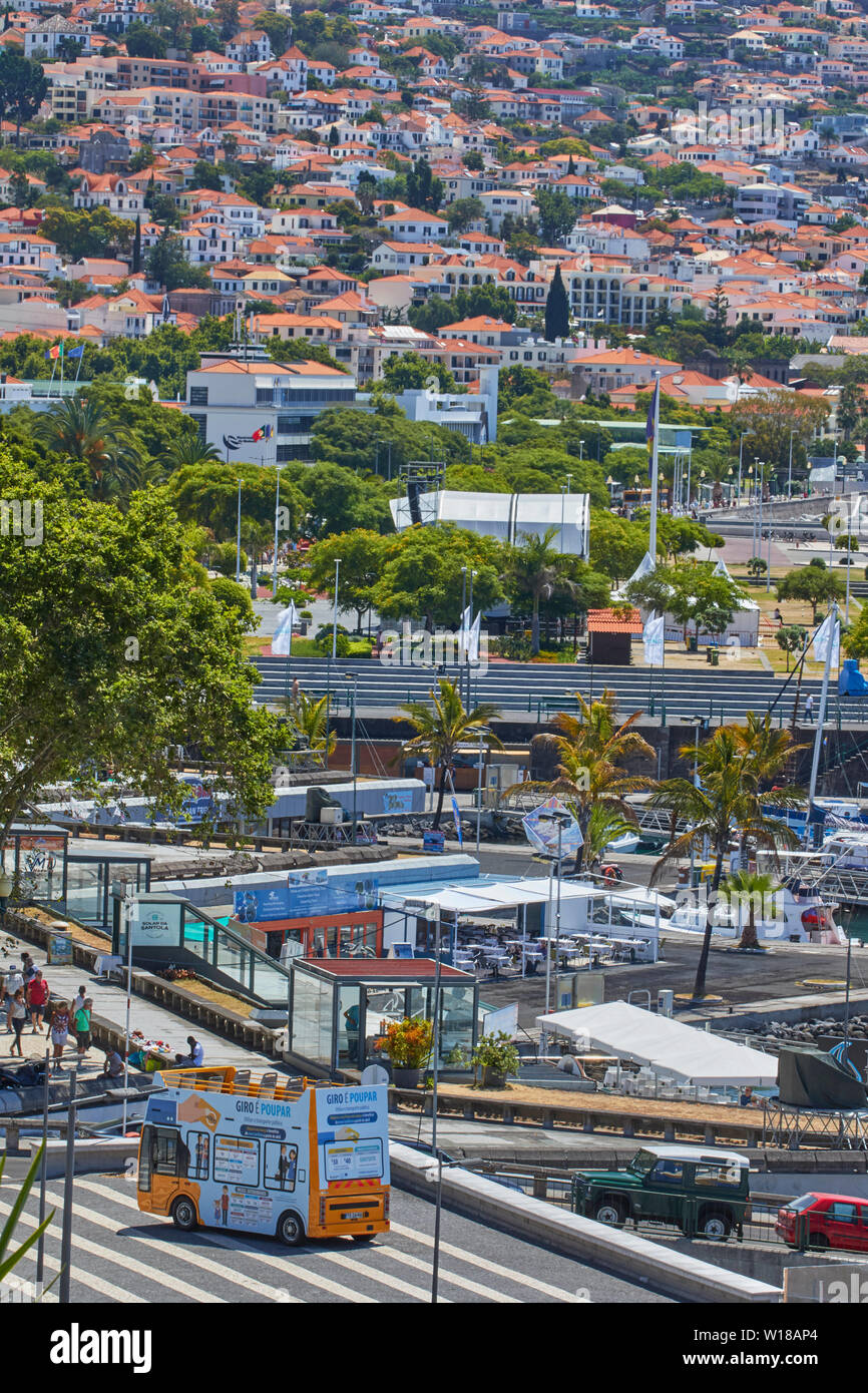 Madeiran architecture on the hill overlooking the marina area in ...