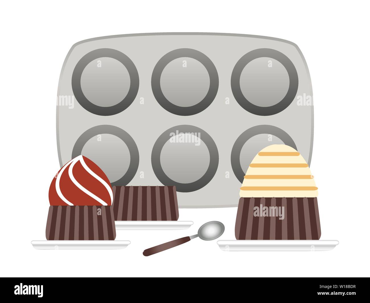 Baking pans for cupcakes and cupcake in plate, flat vector illustration ...