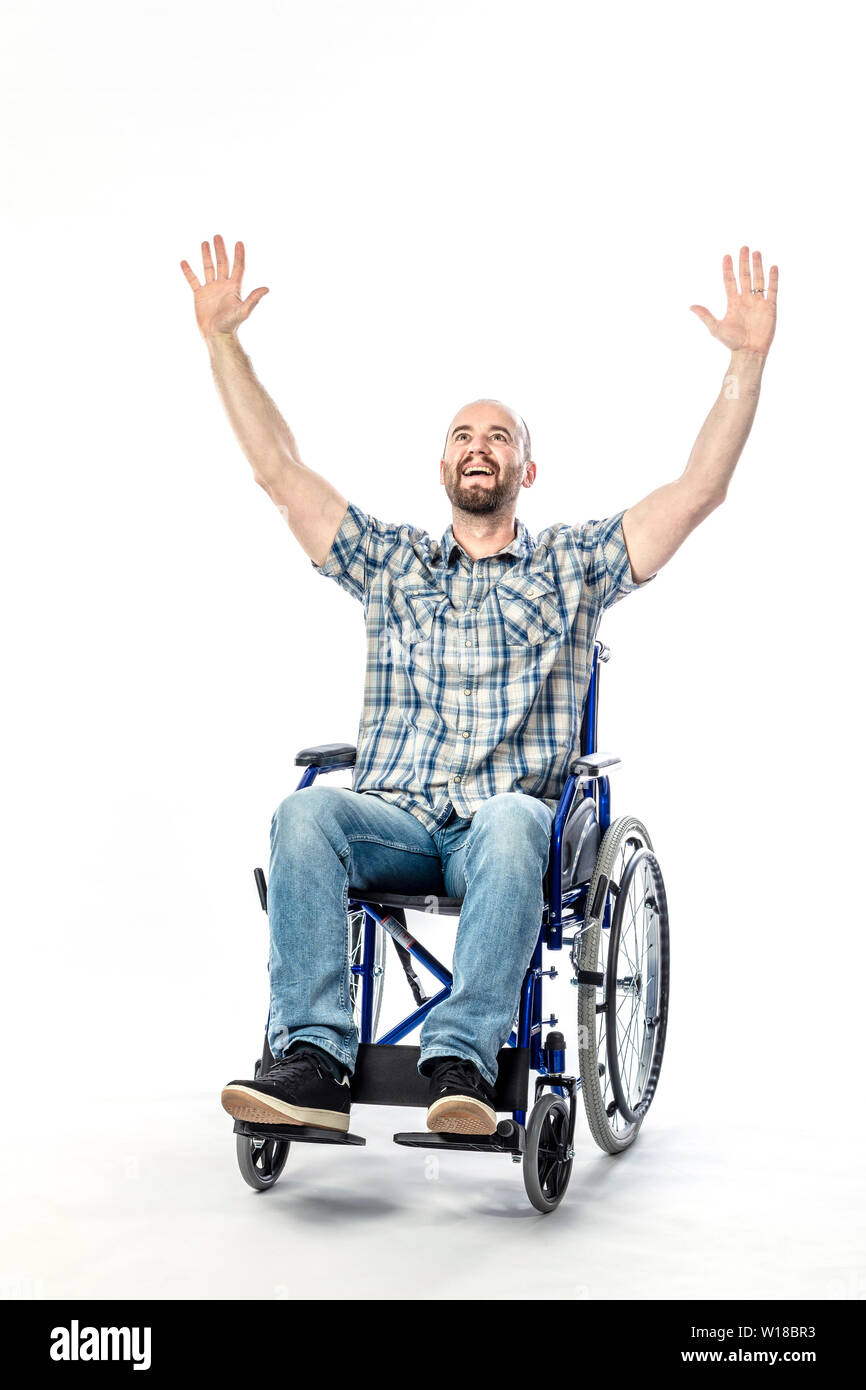 Caucasian man expression smiling and arms outstretched to the sky ...