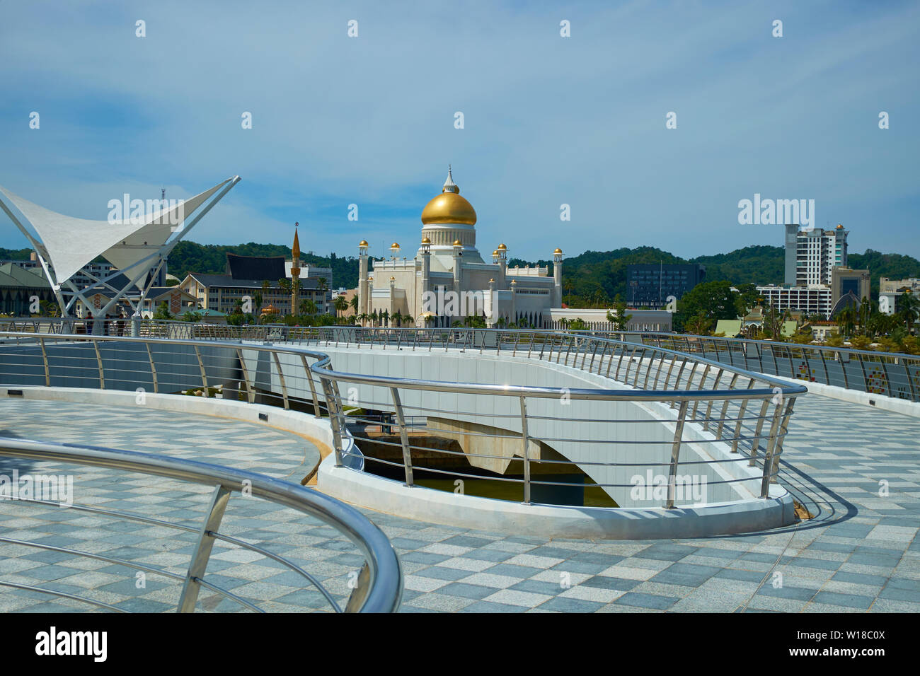View from the new pedestrian bridge of downtown Bandar Seri Begawan ...