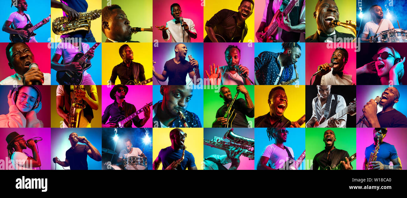 Collage of different photos of 5 young people in neon light on ...