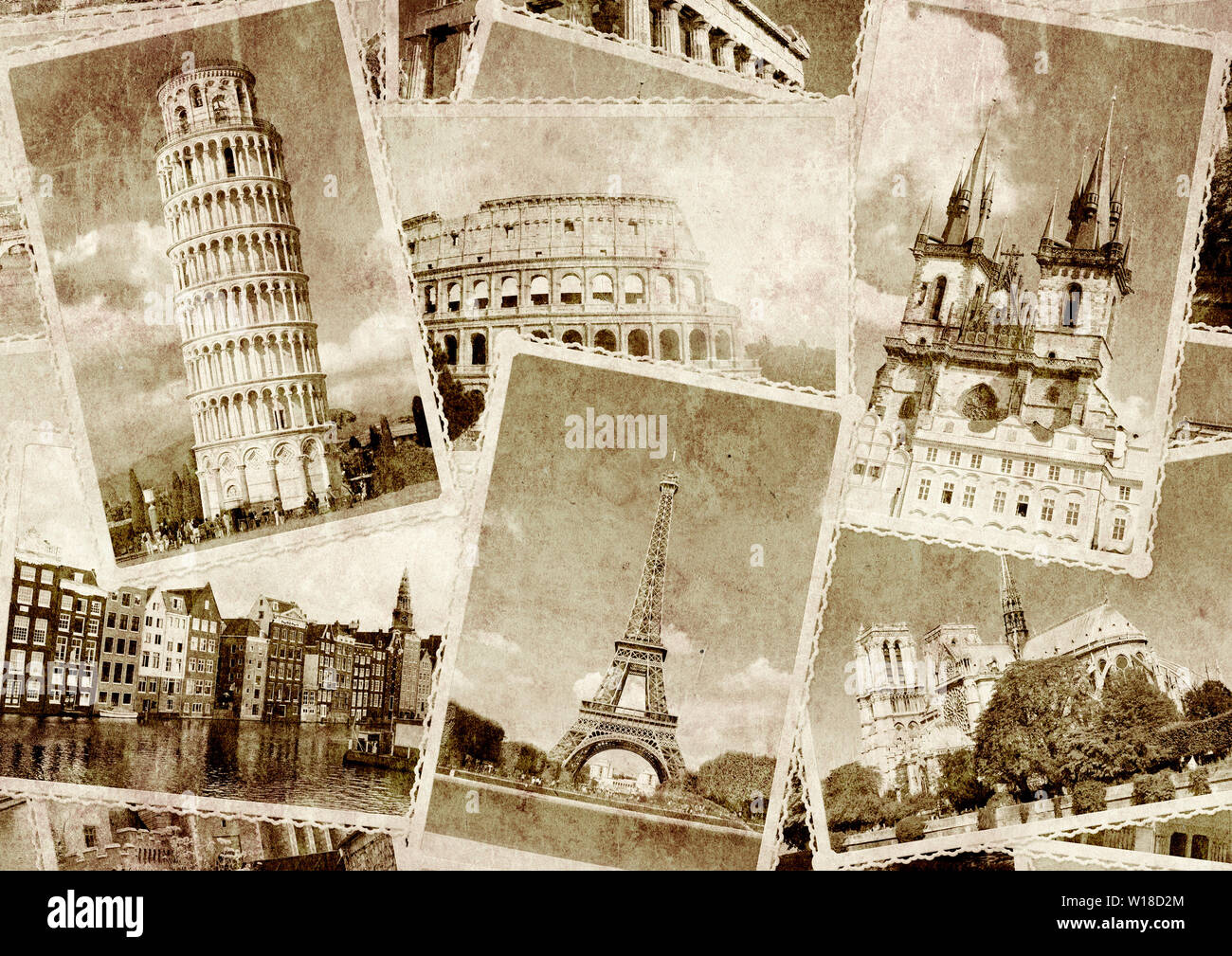 Vintage travel background with retro photos of european landmarks ...
