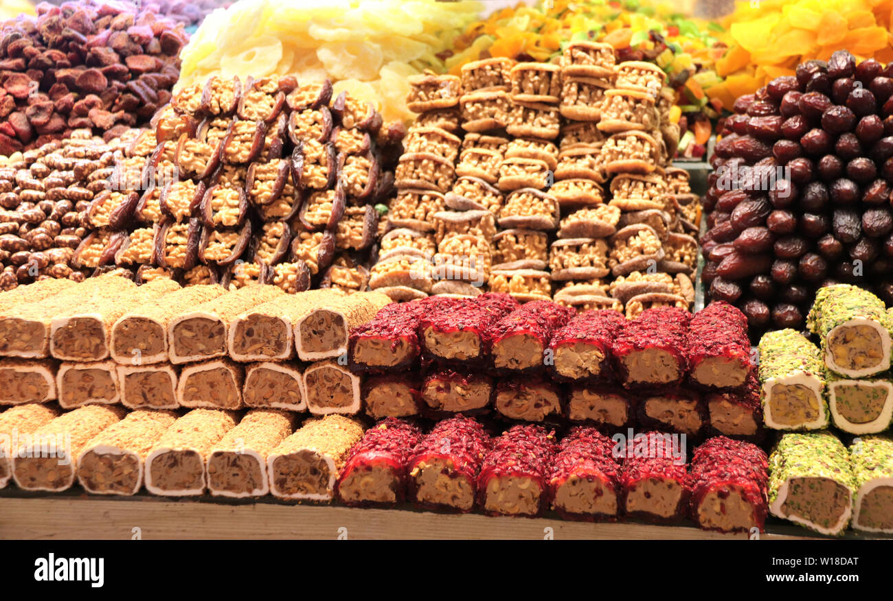 Traditional turkish delights from nuts, sugar, syrup and dried fruits ...