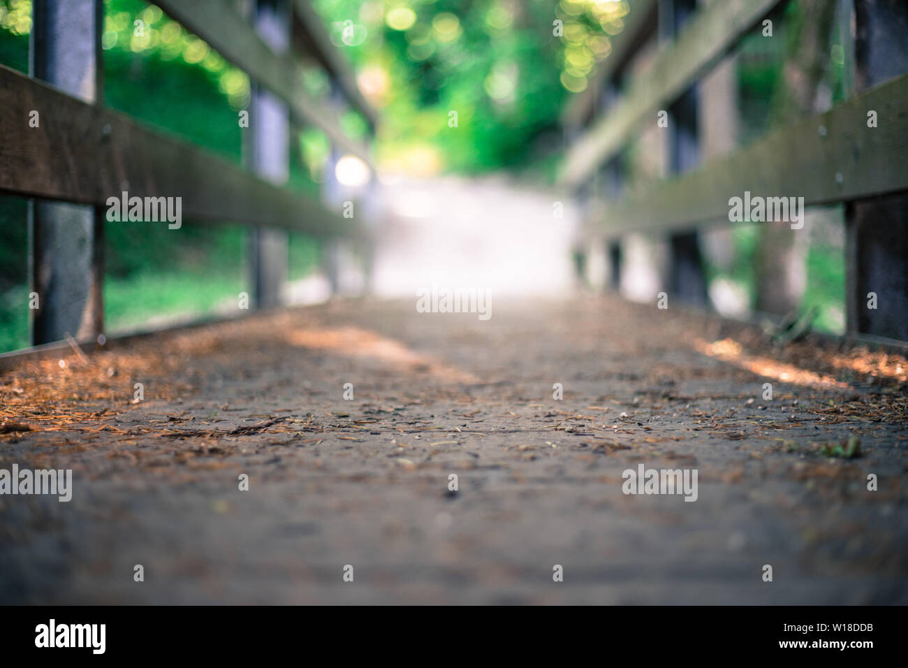 Wooden bridge in the forest, blurry background Stock Photo - Alamy