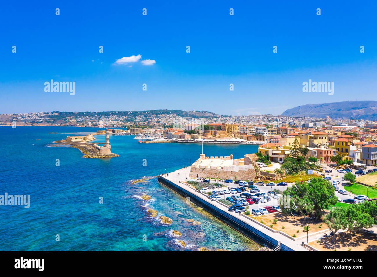 Aerial view of the beautiful city of Chania with it's old harbor and ...