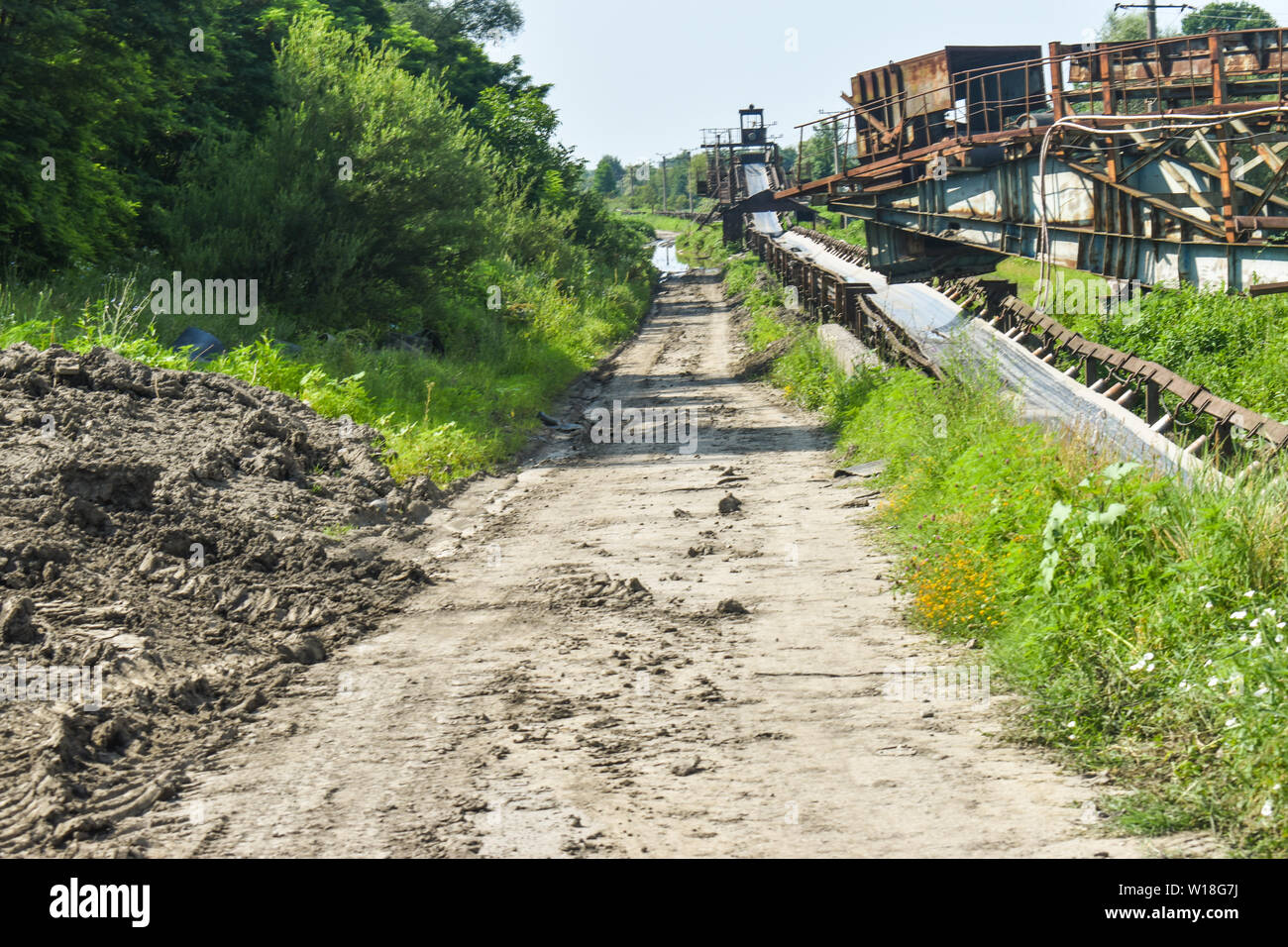 Coal transportation line for processing. Belt conveyor inside the open ...