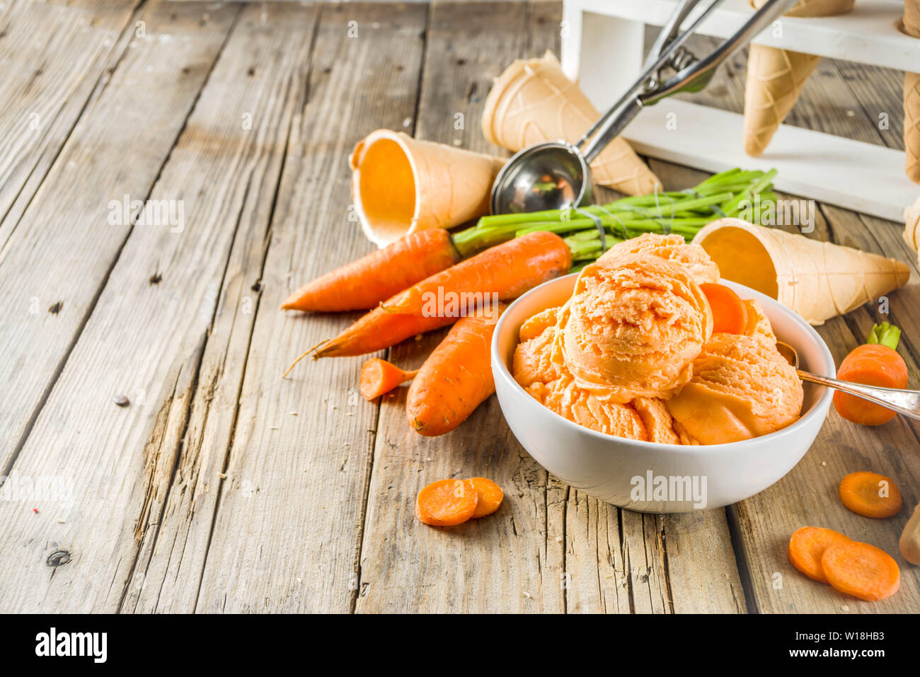 Vegetable gelato. Vegan carrot ice cream with organic baby carrots, old ...
