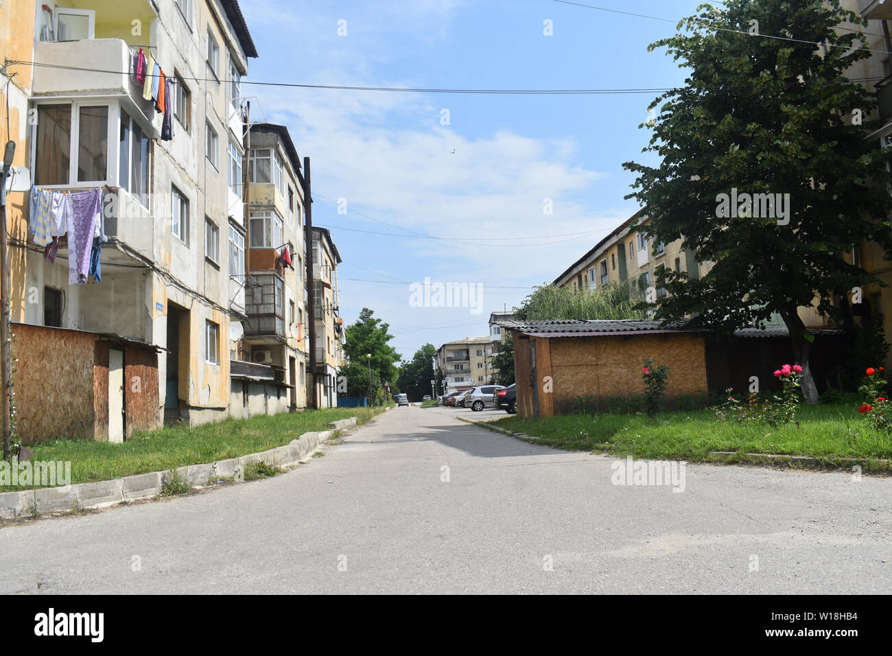 View of the communist blocks and urban decay in the small mining town ...