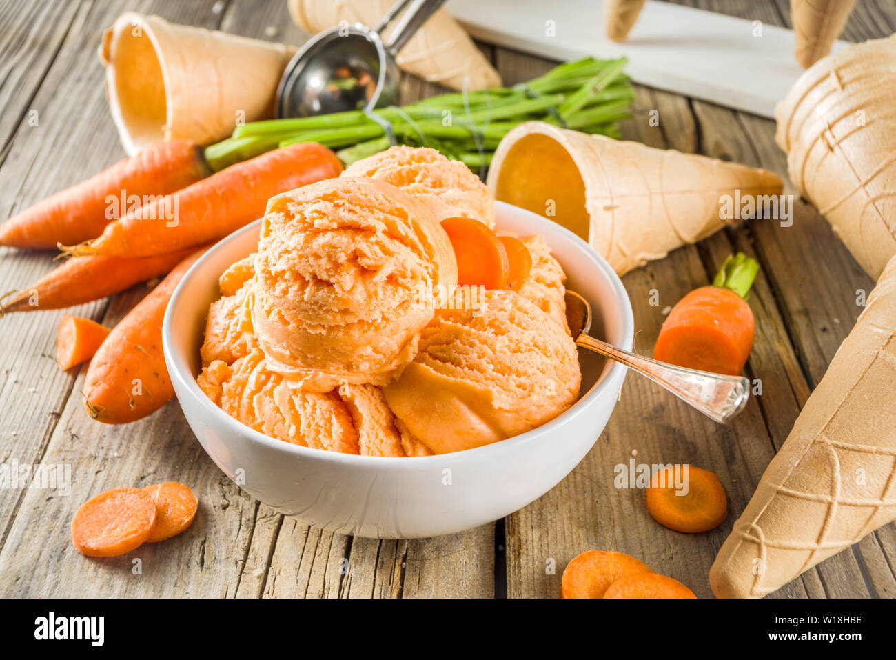 Vegetable gelato. Vegan carrot ice cream with organic baby carrots, old ...