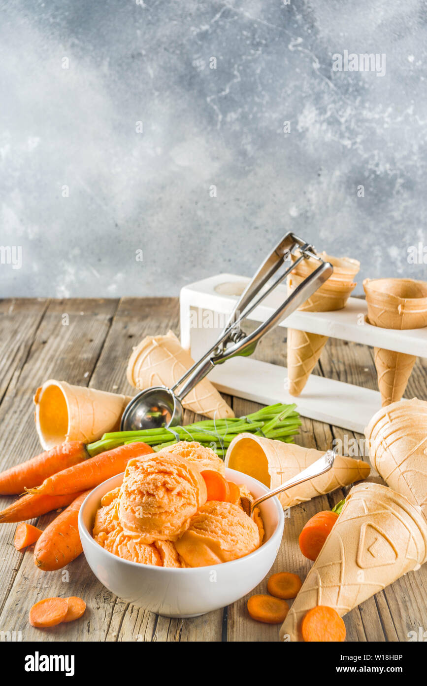 Vegetable gelato. Vegan carrot ice cream with organic baby carrots, old ...