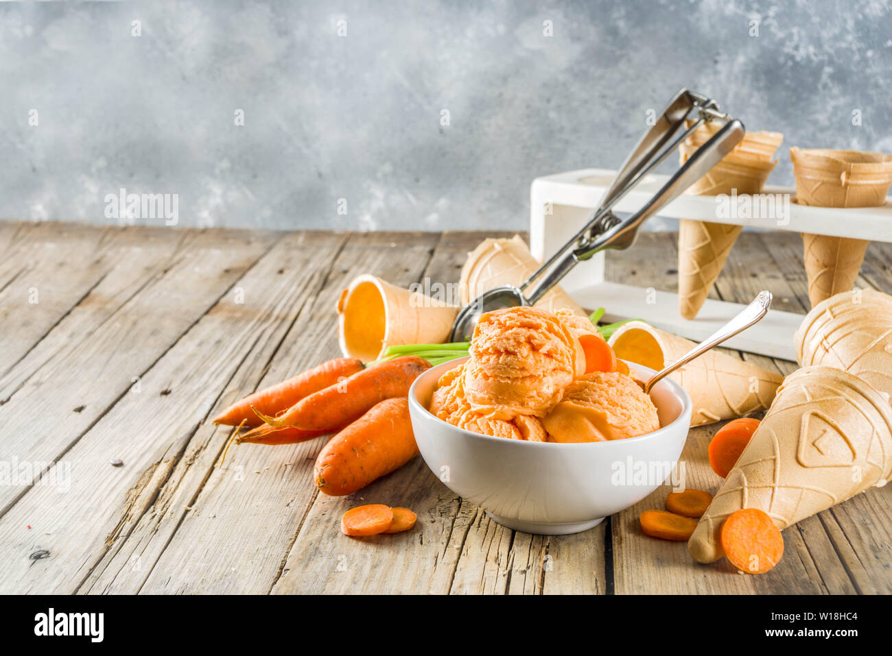 Vegetable gelato. Vegan carrot ice cream with organic baby carrots, old ...