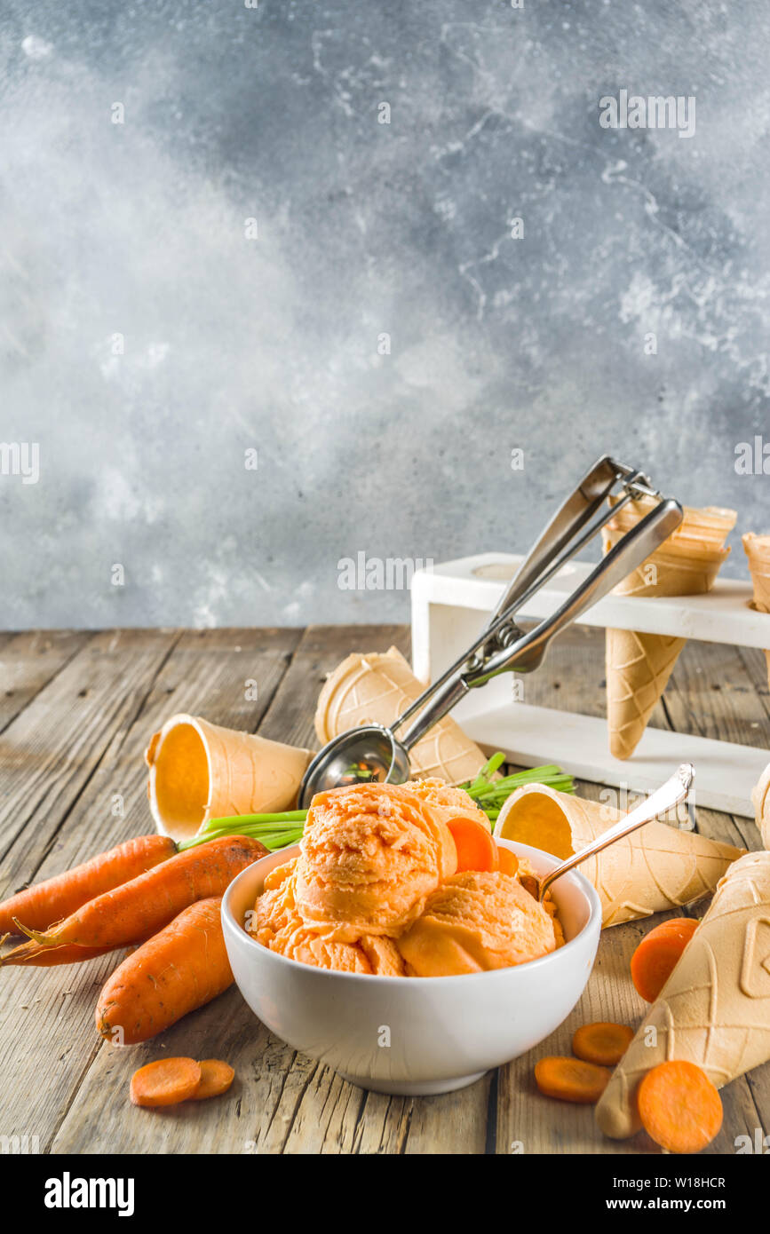 Vegetable gelato. Vegan carrot ice cream with organic baby carrots, old ...