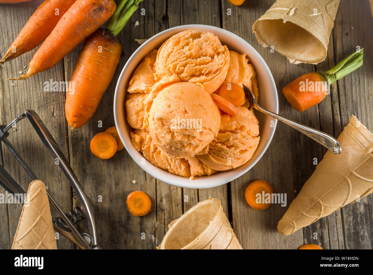 Vegetable gelato. Vegan carrot ice cream with organic baby carrots, old ...