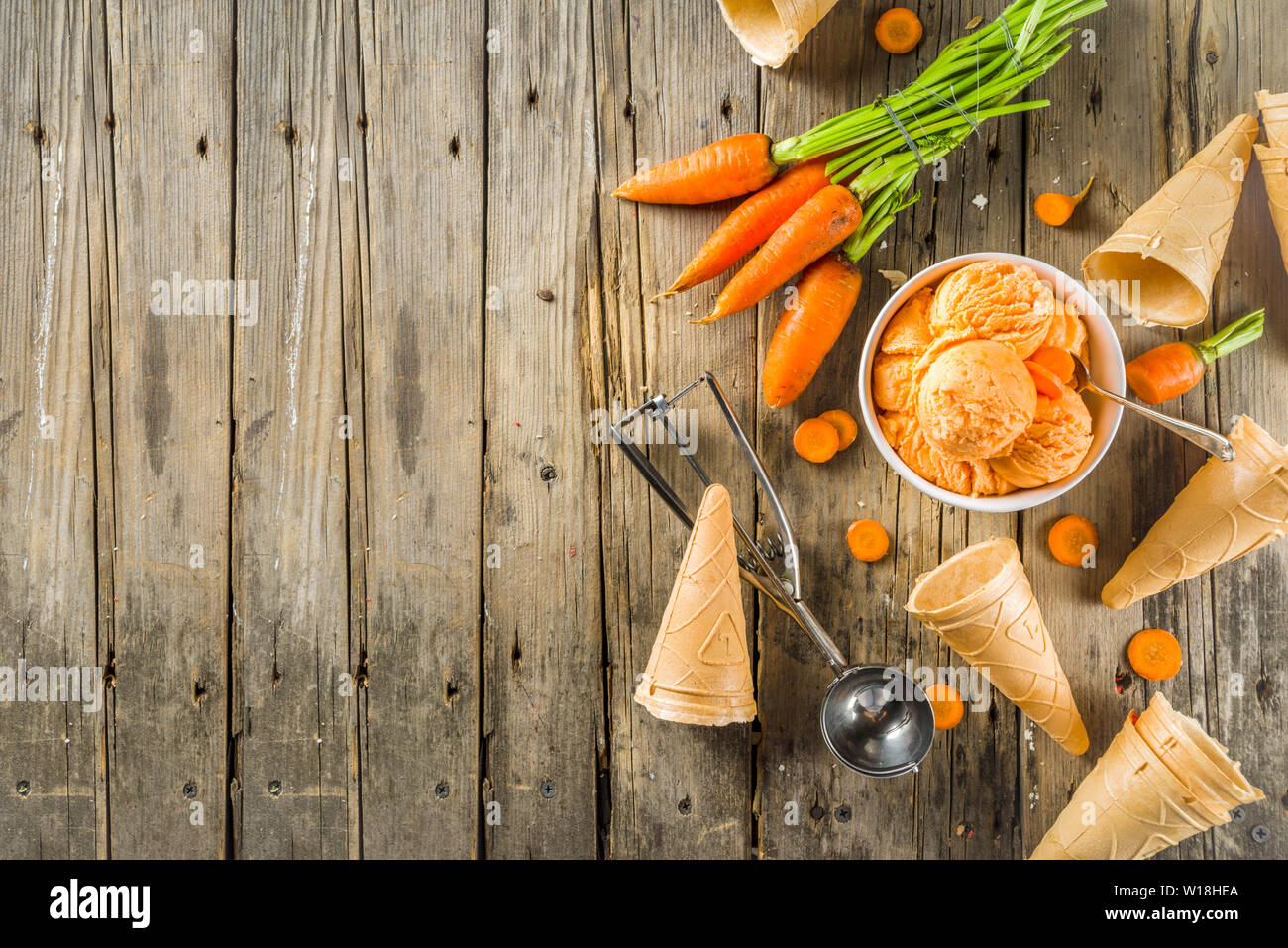 Vegetable gelato. Vegan carrot ice cream with organic baby carrots, old ...