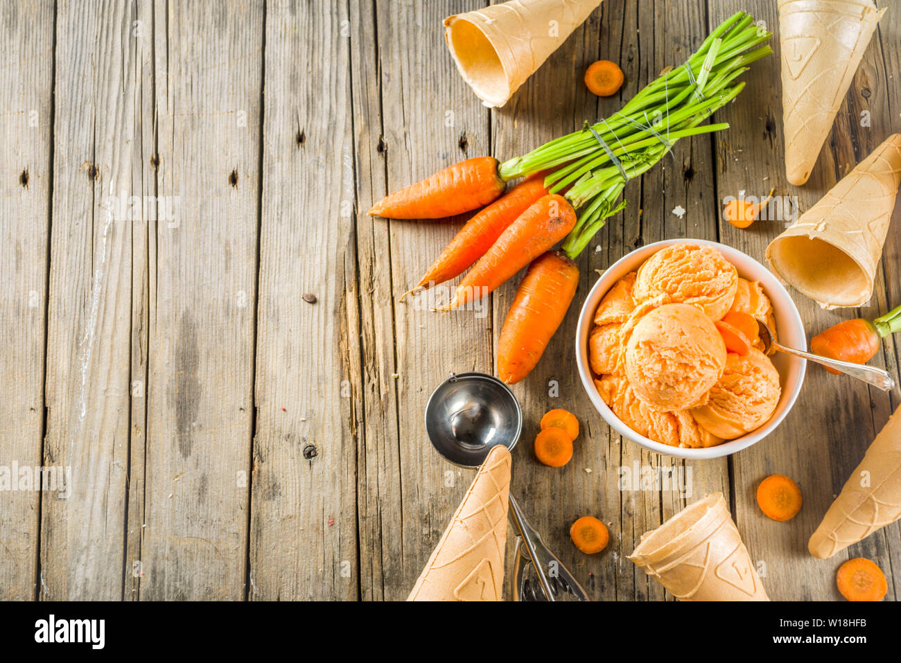 Vegetable gelato. Vegan carrot ice cream with organic baby carrots, old ...