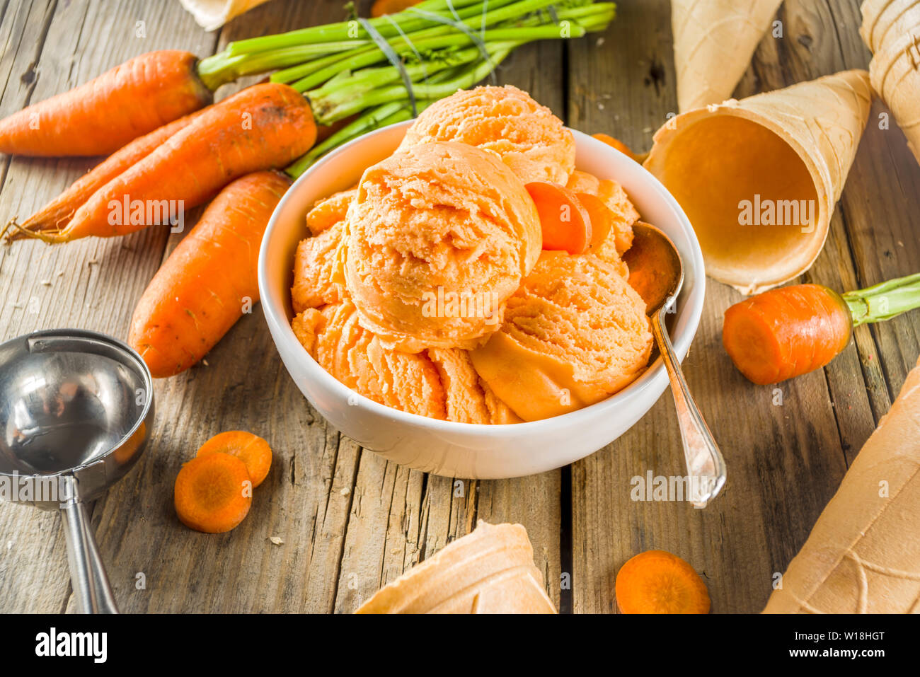 Vegetable gelato. Vegan carrot ice cream with organic baby carrots, old ...