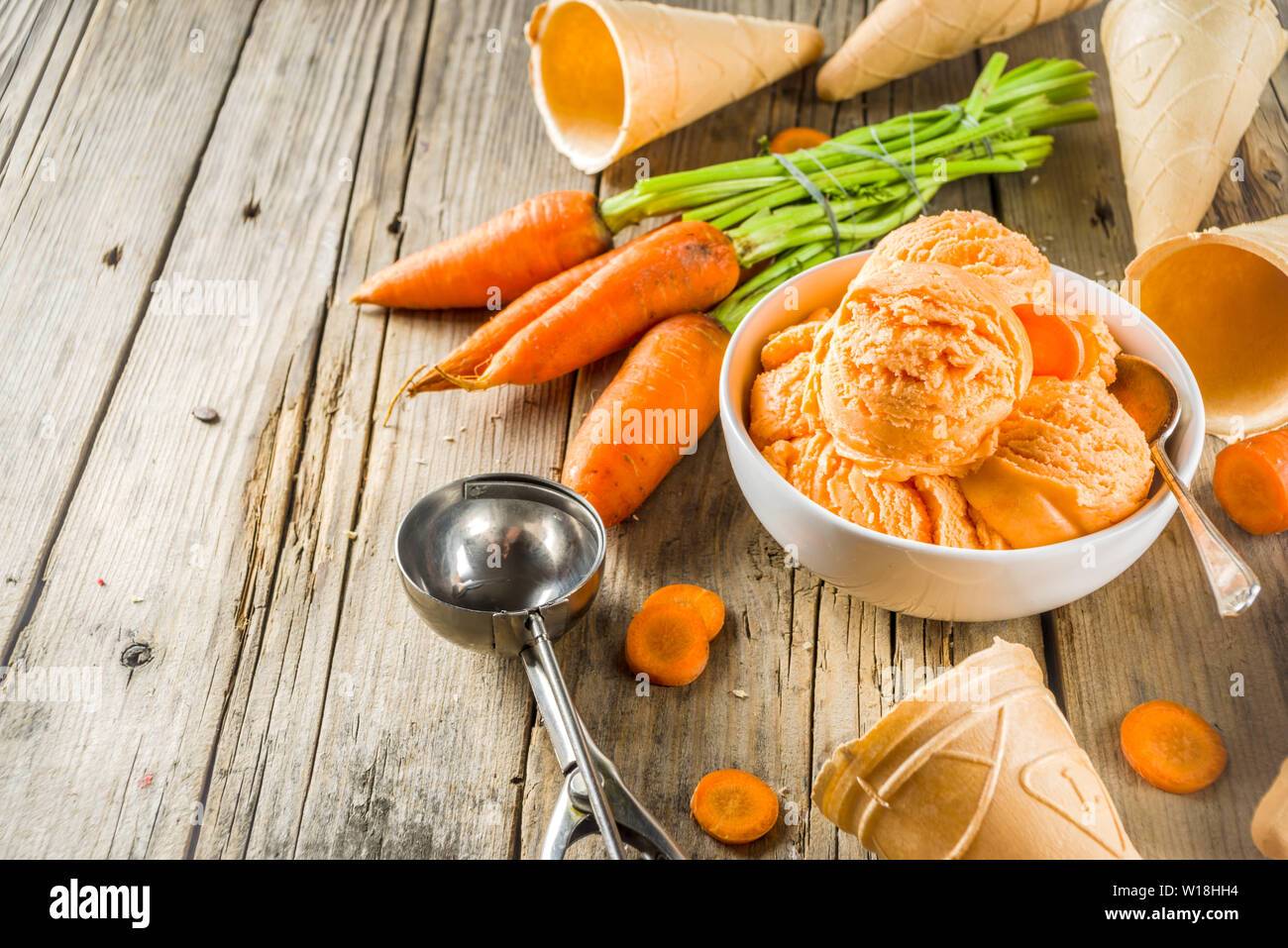 Vegetable gelato. Vegan carrot ice cream with organic baby carrots, old ...
