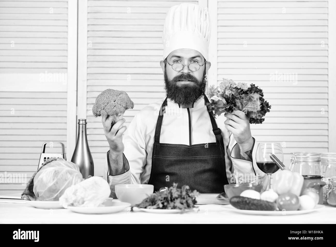 Vegetarian. Mature chef with beard. Bearded man cook in kitchen ...