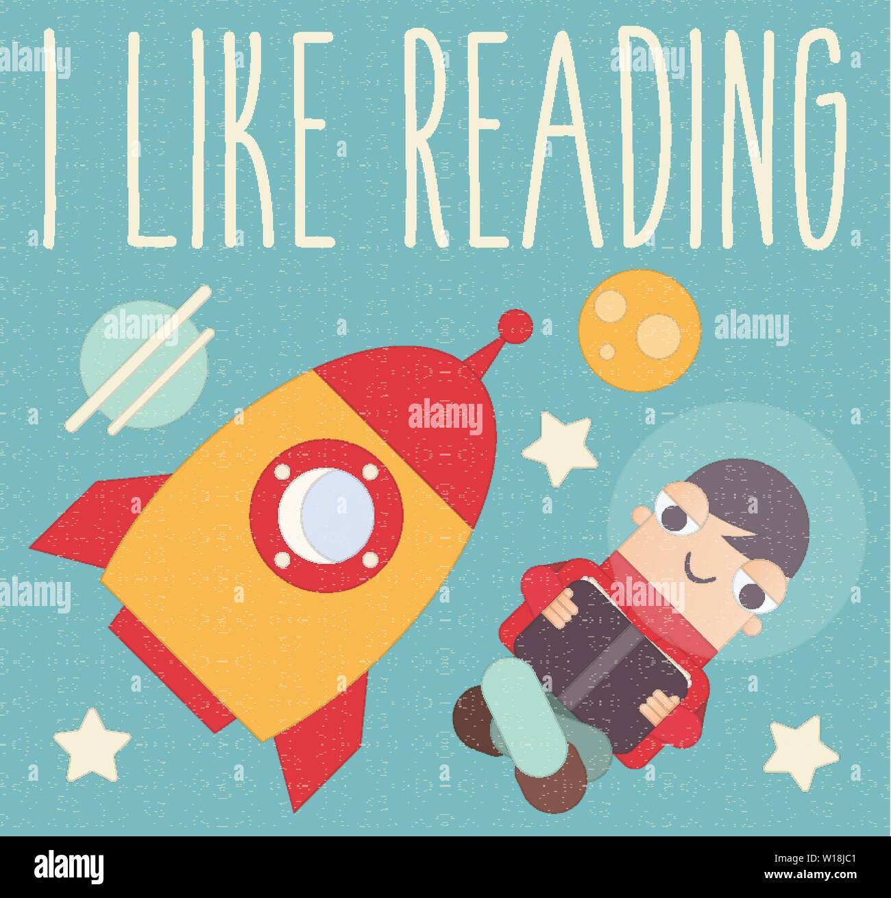 Cartoon Boy Reading and Imagine Himself in Space Outer. Vector ...