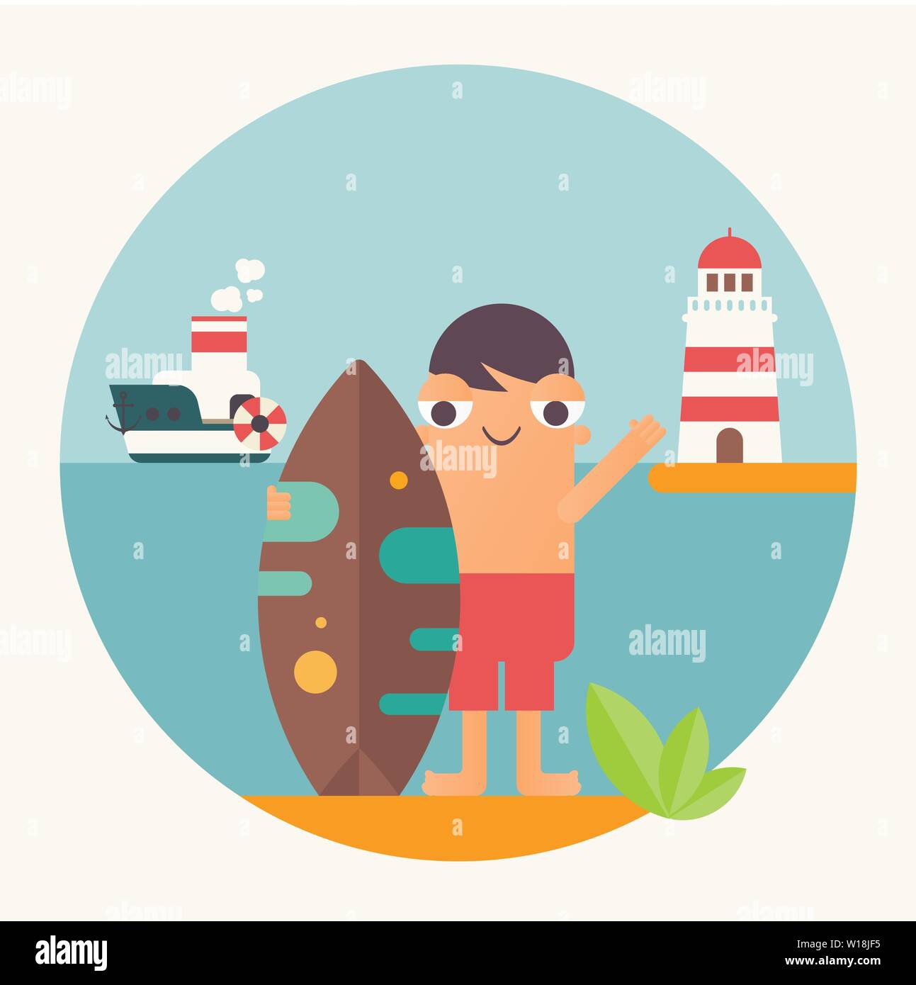 Surfing Poster. Funny Cartoon Surfer with Surfboard, Lighthouse and ...
