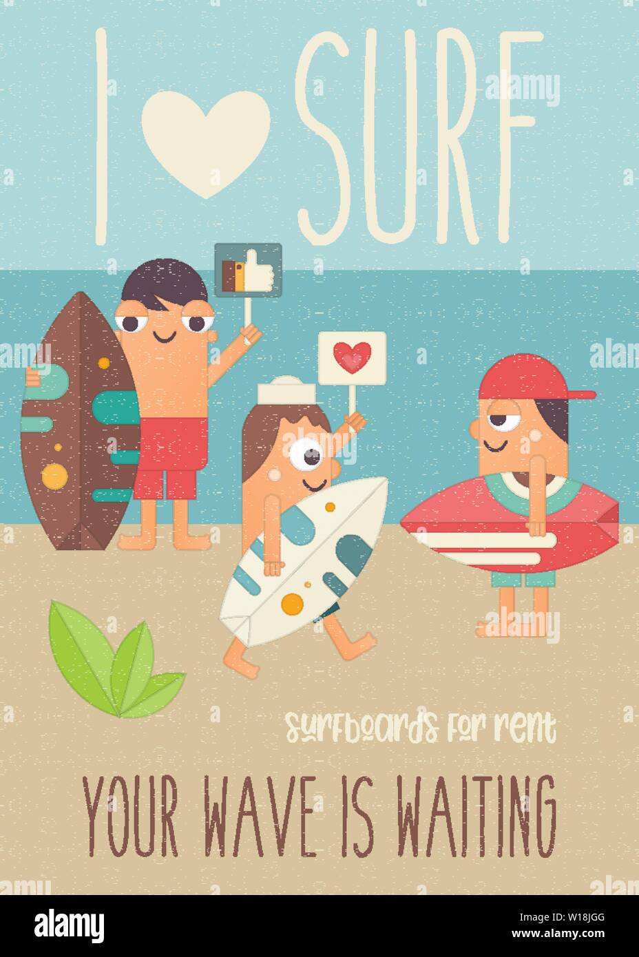 I Love Surfing Concept Poster. Funny Cartoon Surfers with Surfboard on ...