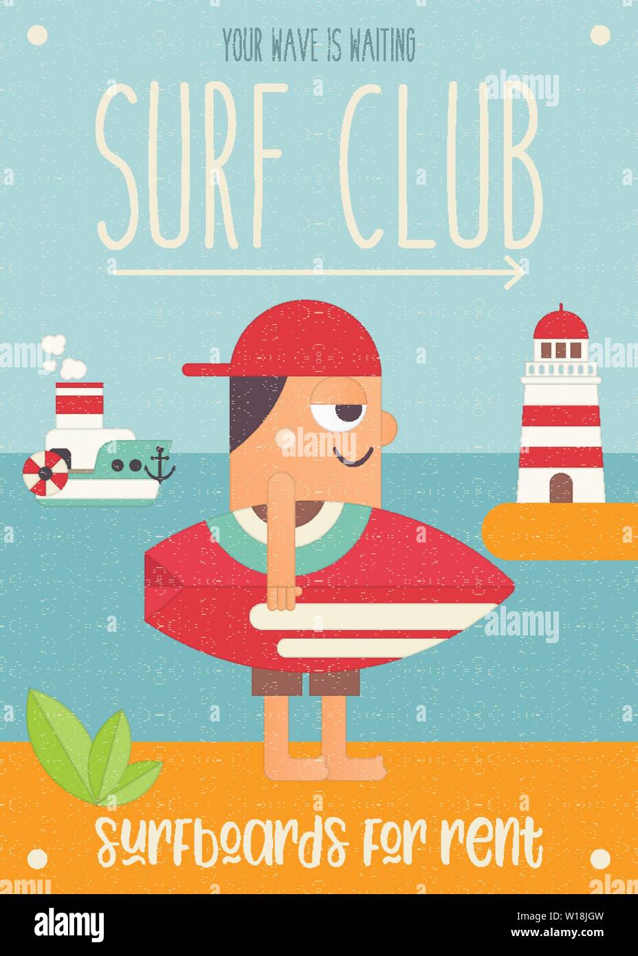 Surfing. Cartoon Surfer in Baseball Cap with Surfboard, Lighthouse and ...