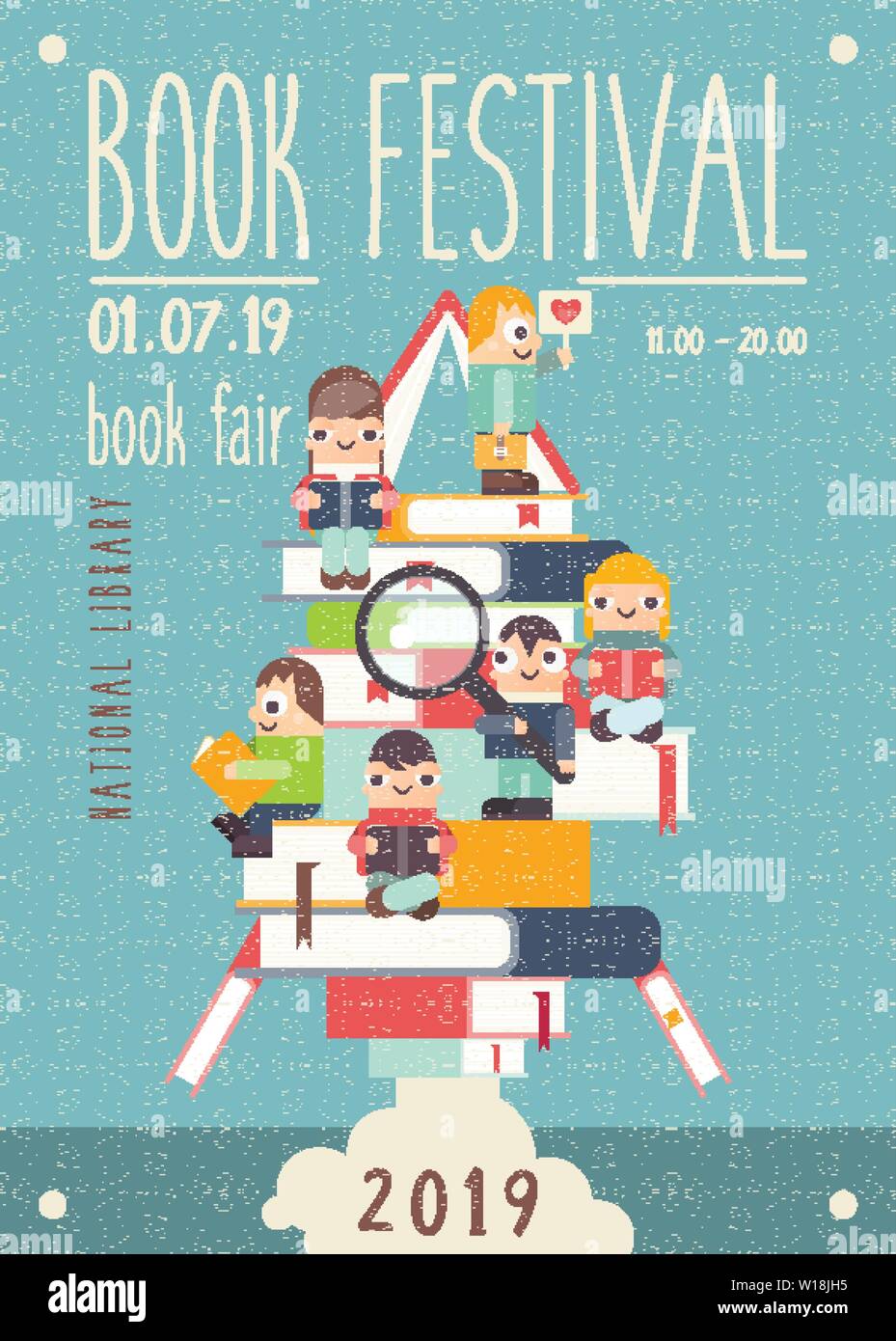 Funny Cartoon People Reading on Books Stacked in Rocket Silhouette ...