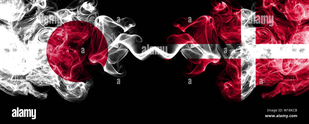 Japan vs Denmark, Danish smoky mystic flags placed side by side. Thick ...