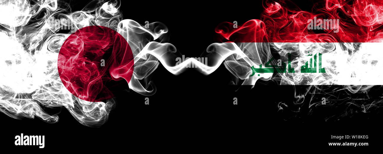 Japan vs Iraq, Iraqi smoky mystic flags placed side by side. Thick ...