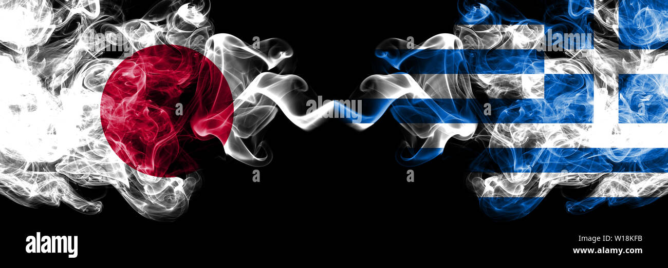 Japan vs Greece, Greek smoky mystic flags placed side by side. Thick ...