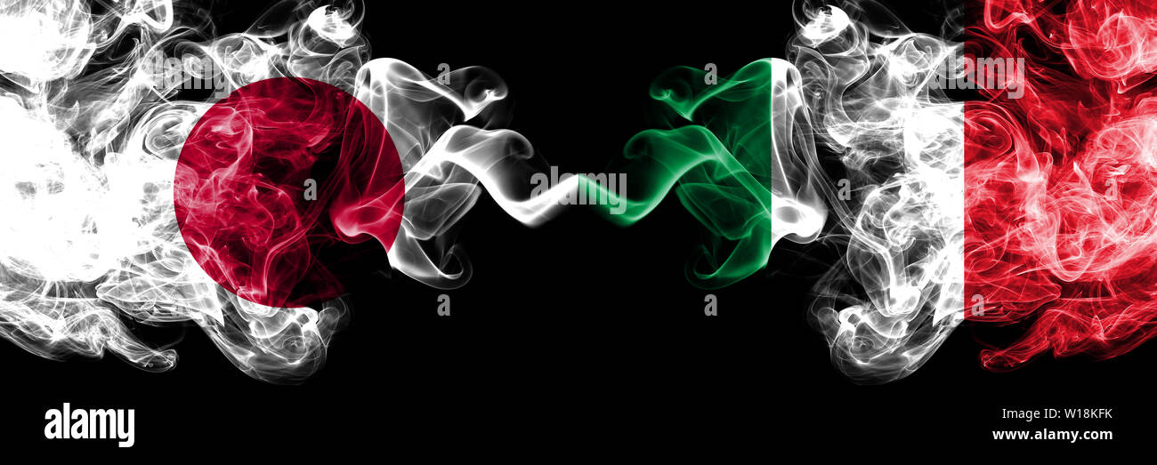 Japan vs Italy, Italian smoky mystic flags placed side by side. Thick ...