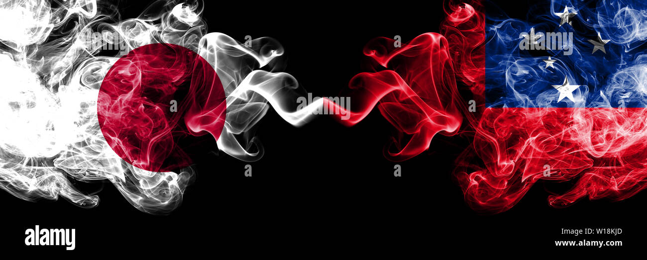 Japan vs Samoa, Samoan smoky mystic flags placed side by side. Thick ...