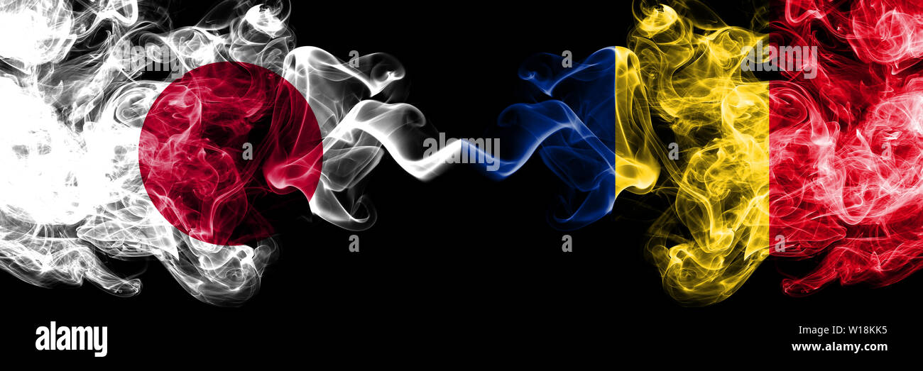 Japan vs Romania, Romanian smoky mystic flags placed side by side ...