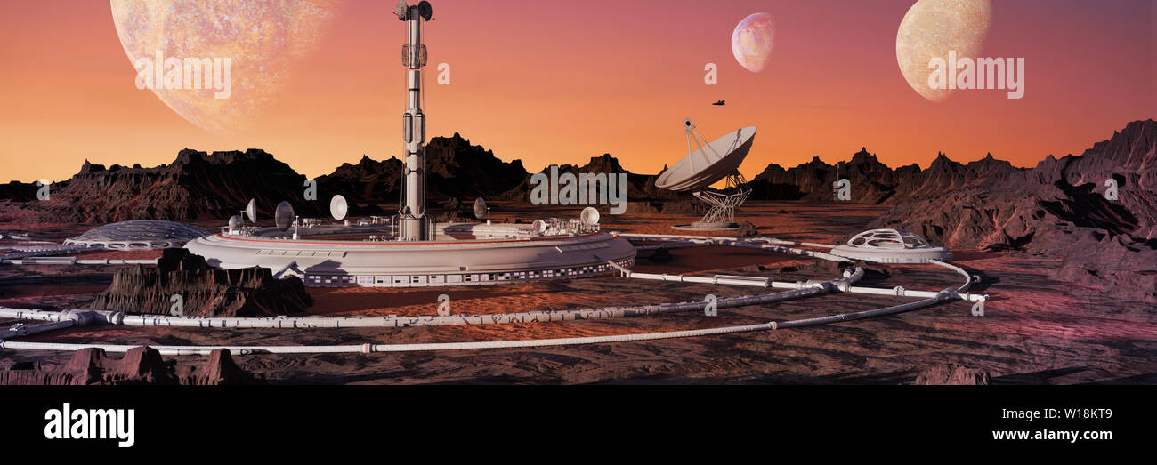 city on the surface of an alien planet, colony on exoplanet (3d space ...