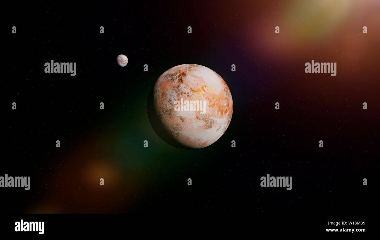 beautiful alien planet, distant world with moon in deep space system ...