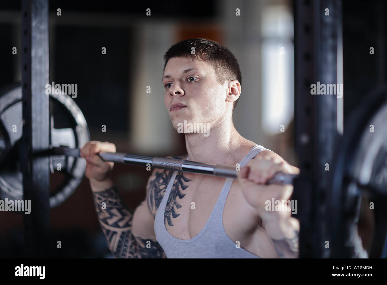 Strong and handsome man lifting weights - a barbell - in a gym Stock ...