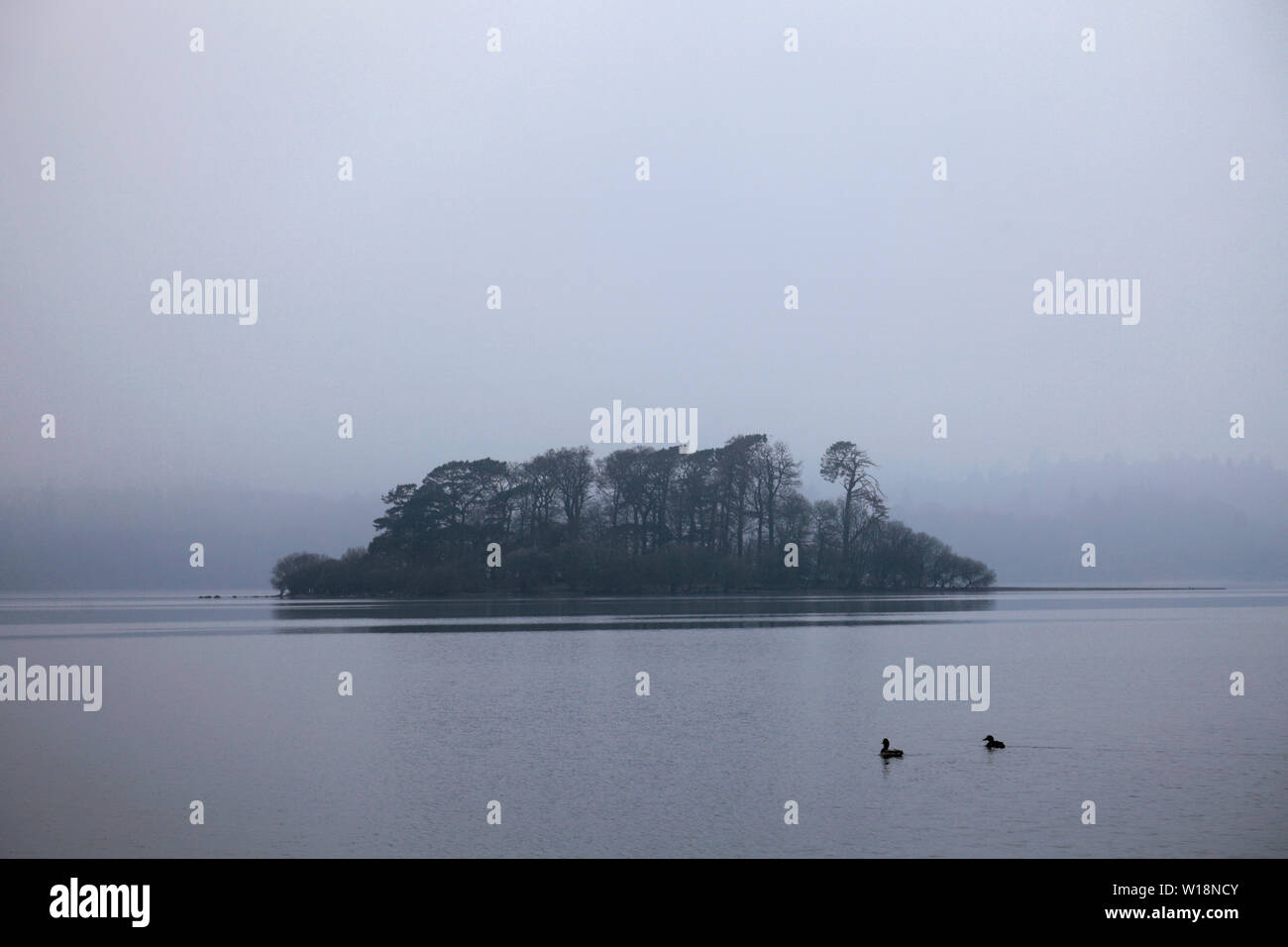 Mist over Derwentwater lake, Keswick town, Lake District National Park ...