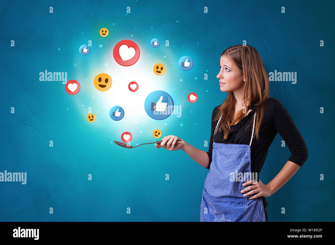 Young happy person cooking social media concept in wok Stock Photo - Alamy