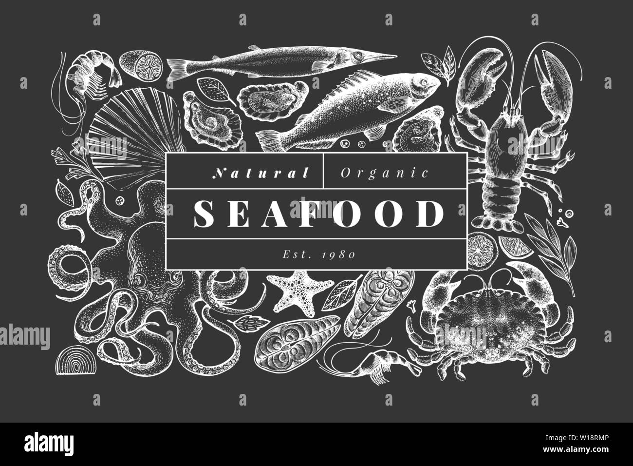Seafood and fish design template. Hand drawn vector illustration on ...