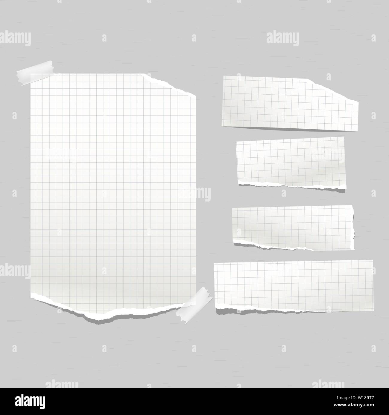 Set of squared torn note, notebook paper strips stuck on grey ...