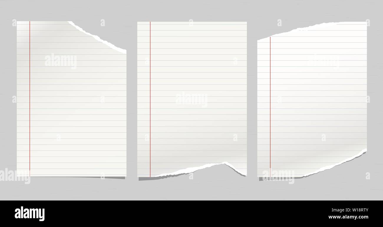 White ripped, lined notebook, copybook paper sheets are on grey ...